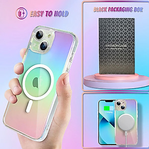Bonoma for iPhone 13 Case Magnetic 【Support for MagSafe】 Bling Laser Florescent Iridescent Crystal Luxury Case Camera Protector + 2* Screen Protector Shockproof Edge Cover Case -Clear