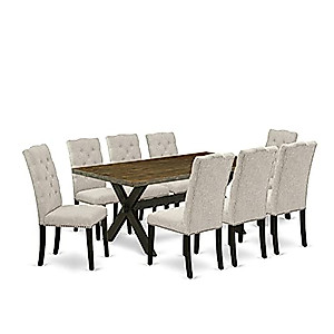 East West Furniture X677EL635-9 9-Piece Dining Set - Dinner Table Rectangular Top - 8 Beautiful Dining Chairs Padded Seat and Back (Distressed Espresso & Wire Brushed Black Finish)