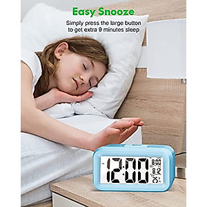 KAIJIELY Upgraded Digital Alarm Clock, 4.3" LED Display with Temperature Larger Lound Light Control Portable Snooze Calendar Brightness with Battery Powered Alarm Clocks Bedside for Everyone (Blue)