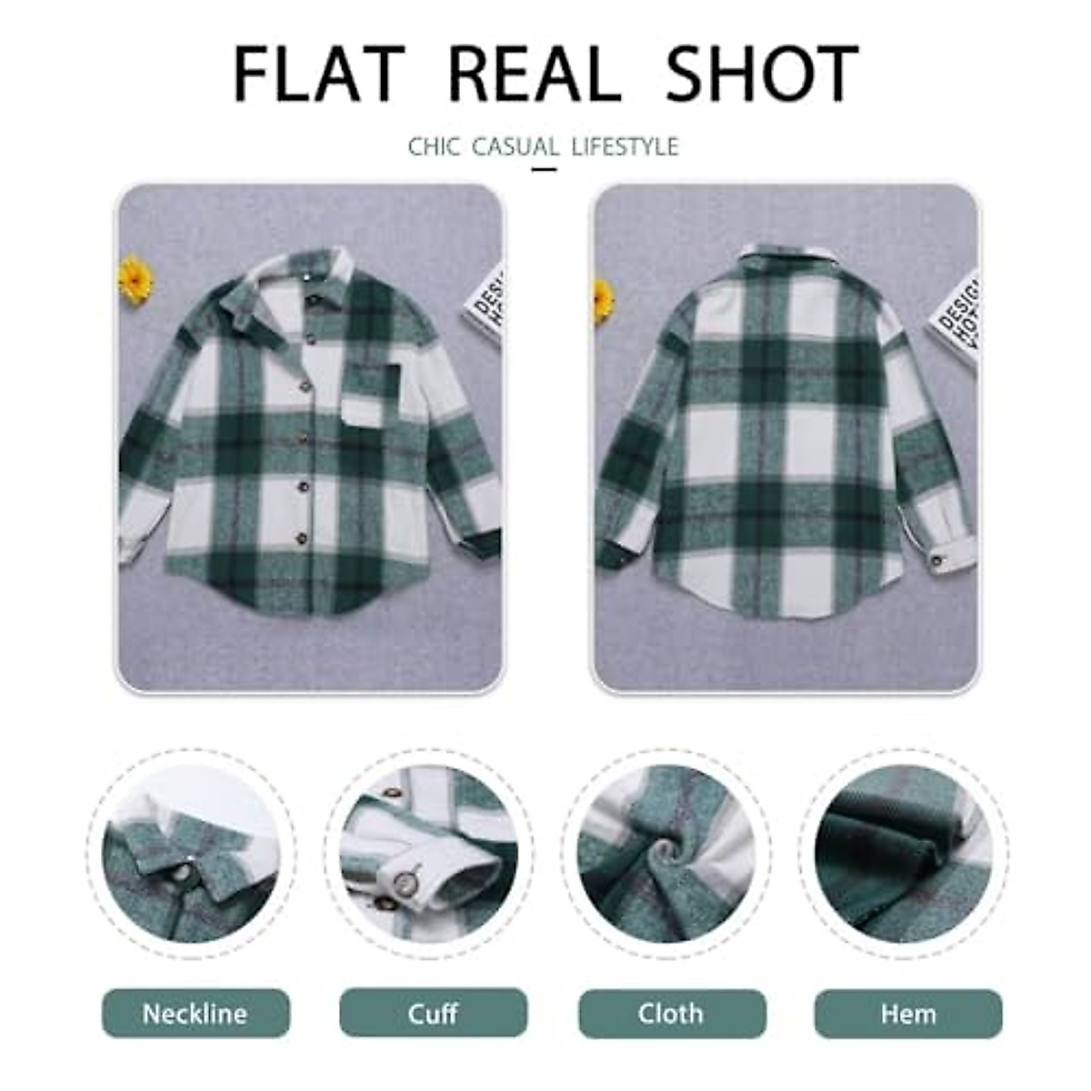 ZOLUCKY Womens Green Flannel Shirt Plaid Shacket Long Sleeve Button Down Shirts Casual Oversized Shackets, Green and White 3X-Large