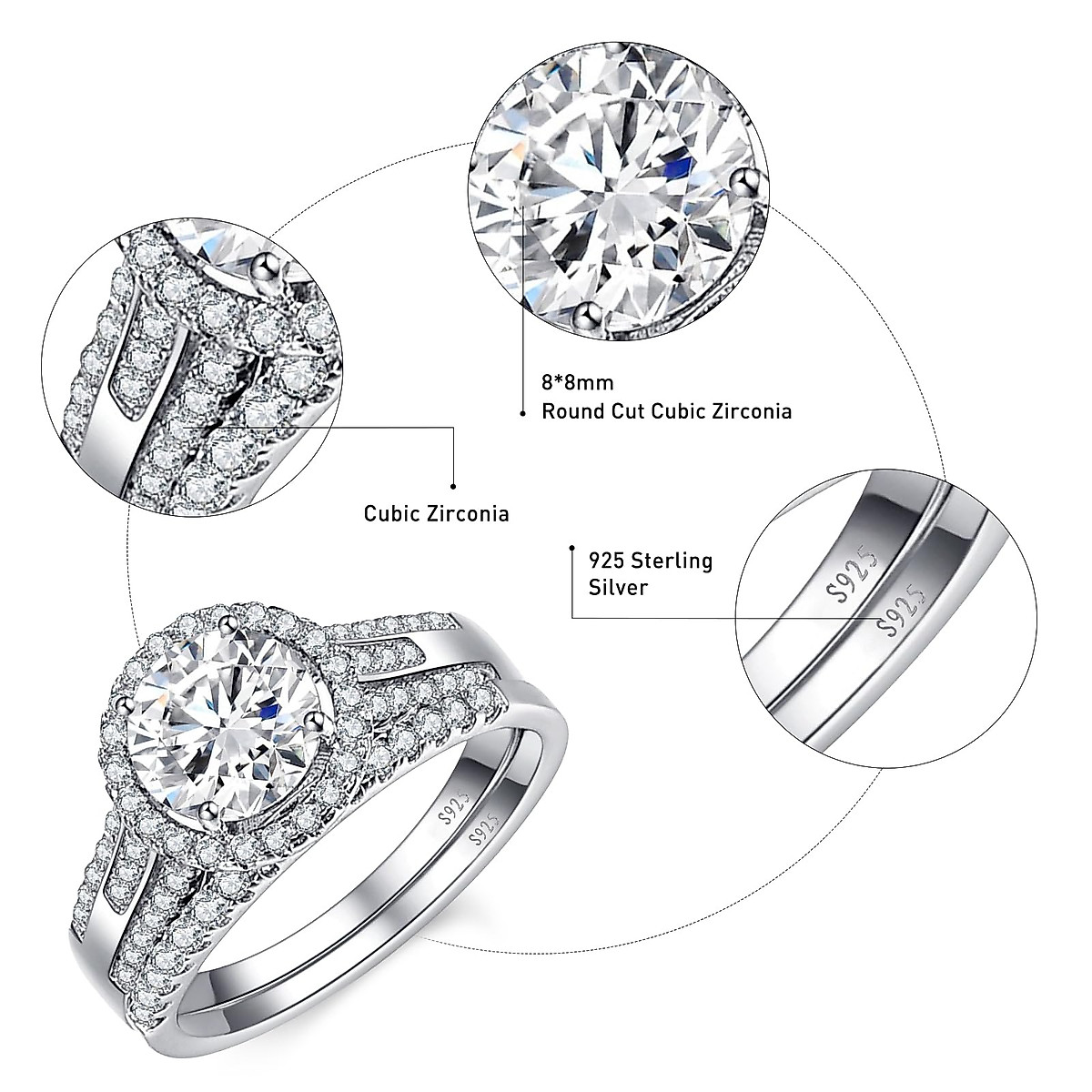 Yaresul 3.45ct Round Halo Women's Engagement Ring Sets 925 Sterling Silver Stackable Half Eternity Wedding Bands Stackable Cubic Zirconia Wedding Bands Rings Women Bridal Set Size 5