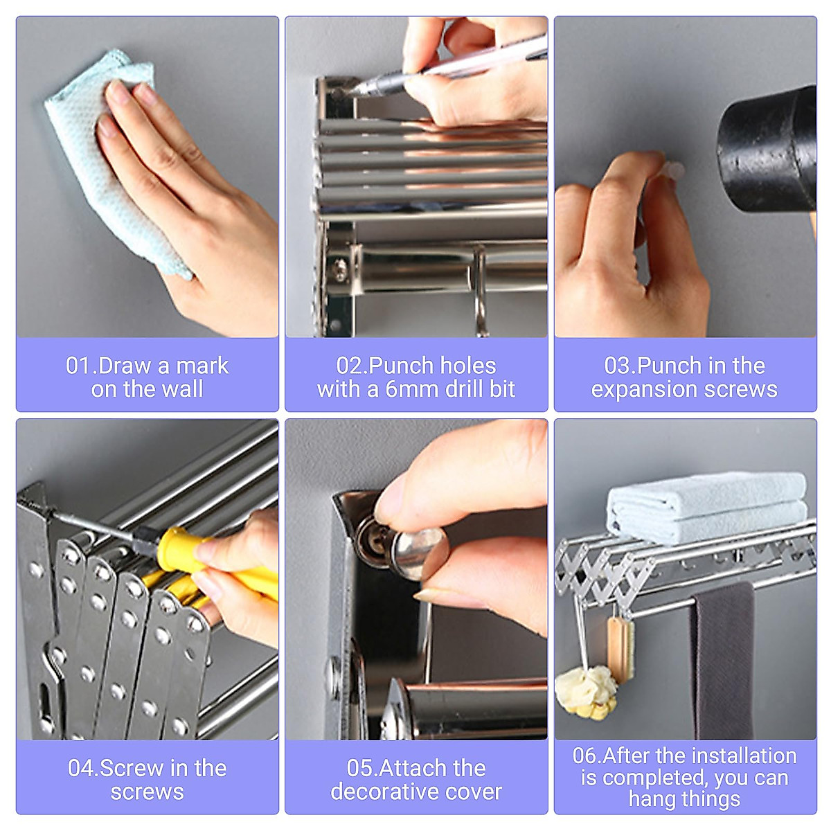 Yowmina Clothes Drying Rack Wall Mounted, Foldable Wall Drying Rack with 5 Hooks, Retractable Hanging Drying Rack with 7 Drying Rods, Space-Saving Stainless Steel Accordion Laundry Rack (23.6in)