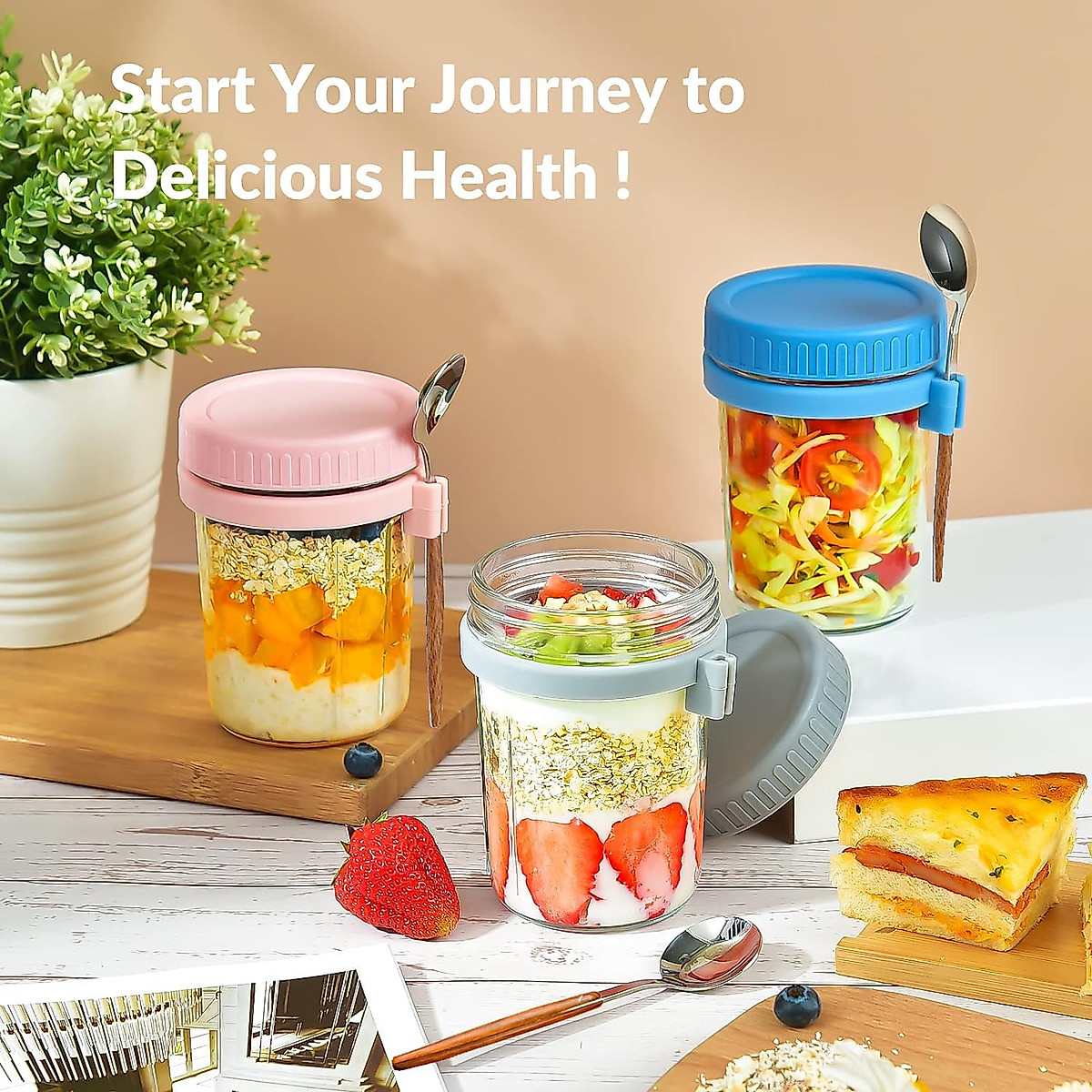 Vaootop 4-pack 16 oz Overnight Oats Containers with Lids and Spoons, Glass jars with Airtight Lids, Wide mouth Mason Salad jars, Glass Food Storage Containers for Snacks Yogurt Spice Sugar