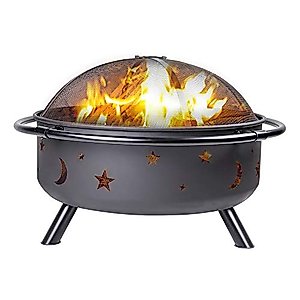 Wostore 36 inch Star&Moon Outdoor Fire Pit Bronze Cauldron Camping Bonfire Patio Backyard Fireplace with Spark Screen and Poker Wood Burning Firebowl Marshmallow Roasting Campfire Black