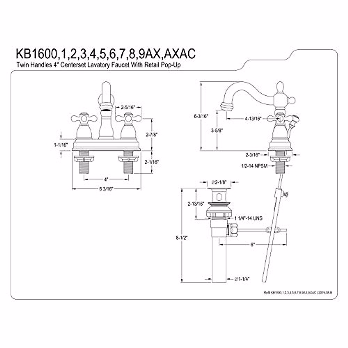 Kingston Brass KB1600AX Heritage 4" Centerset Bathroom Faucet, Matte Black