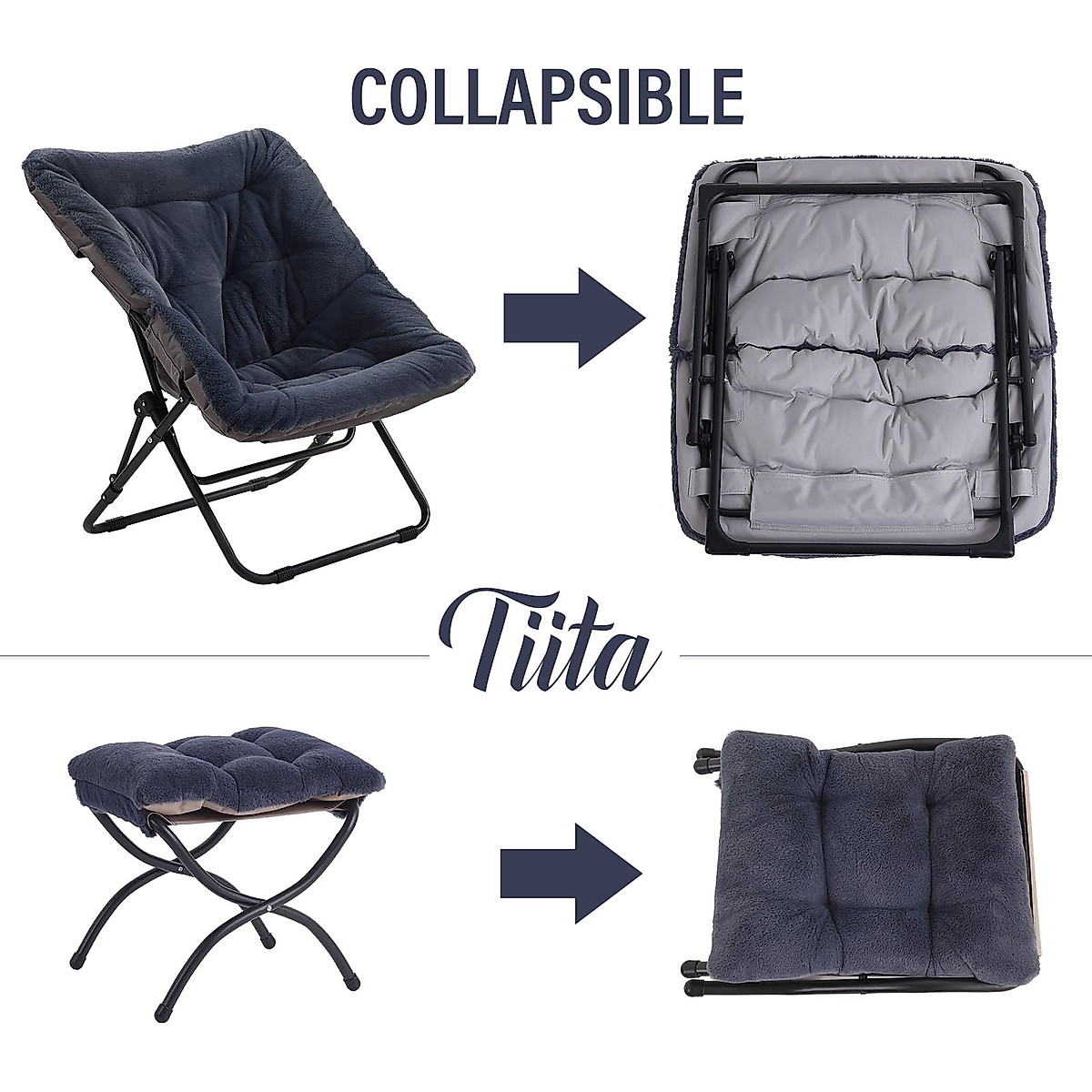 Tiita Saucer Chair with Ottoman, Soft Faux Fur Oversized Folding Accent Chair,Lounge Lazy Chair, Metal Frame Moon Chair for Bedroom, Living Room, Dorm Rooms, Garden and Courtyard