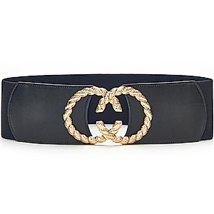 LUCHENGYI Women Stretchy Vintage Belt for Dresses Elastic Waist Wide Cinch Metal Buckle Ladies Belts Black White Plus Size 3 inch Wide Black M