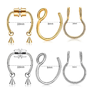 6 Pieces Fake Nose Ring Magnetic Septum Fake Nose Hoop Stainless Steel Inlaid Jewelry Horseshoe Faux Clip Nose Ring on Non-Pierced Nose Ring for Women and Men (Gold and Silver)