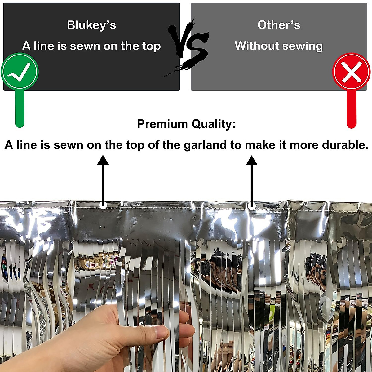 Blukey 10 Feet Long Roll Foil Fringe Garland - Pack of 3 | Shiny Metallic Tassle Banner | Ideal for Parade Floats, Bridal Shower, Wedding, Birthday | Wall Hanging Fringe Garland Banner (Silver)