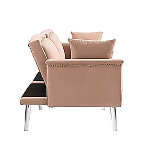 FULife 65" Mid Century Modern Velvet Upholstered Futon Sofa Split Back Loveseat Convertible Sleeper Couch Bed Daybed,Folding Recliner with Armrest&2 Pillows for Living Room/Compact Space, Pink
