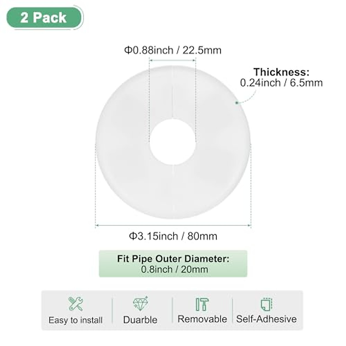 M METERXITY 2-Pack Wall Split Flange, for 0.8 Inch/20mm OD Pipe ABS Escutcheon Plate Round Self-Adhesive Plumbing Cover Plates for Water Pipe/Faucet [White]