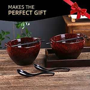 JH JIEMEI HOME Ramen Bowl with Chopsticks and Spoons, Ceramic Set of 2, Dishwasher Safe for Pho Udon Soba Noodle Salad Pasta, Special Reactive Glazed Crimson Bowls Set