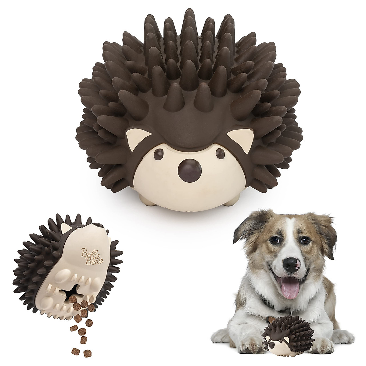 Bella Boo Pets Interactive Dog Toy for Strong Chewers - Freddy The Hedgehog All-in-One Treat Ball + Food Dispensing Slow Feeder Dog IQ Puzzle + Dental Chew Toy for Medium and Large Breed Dogs (Brown)