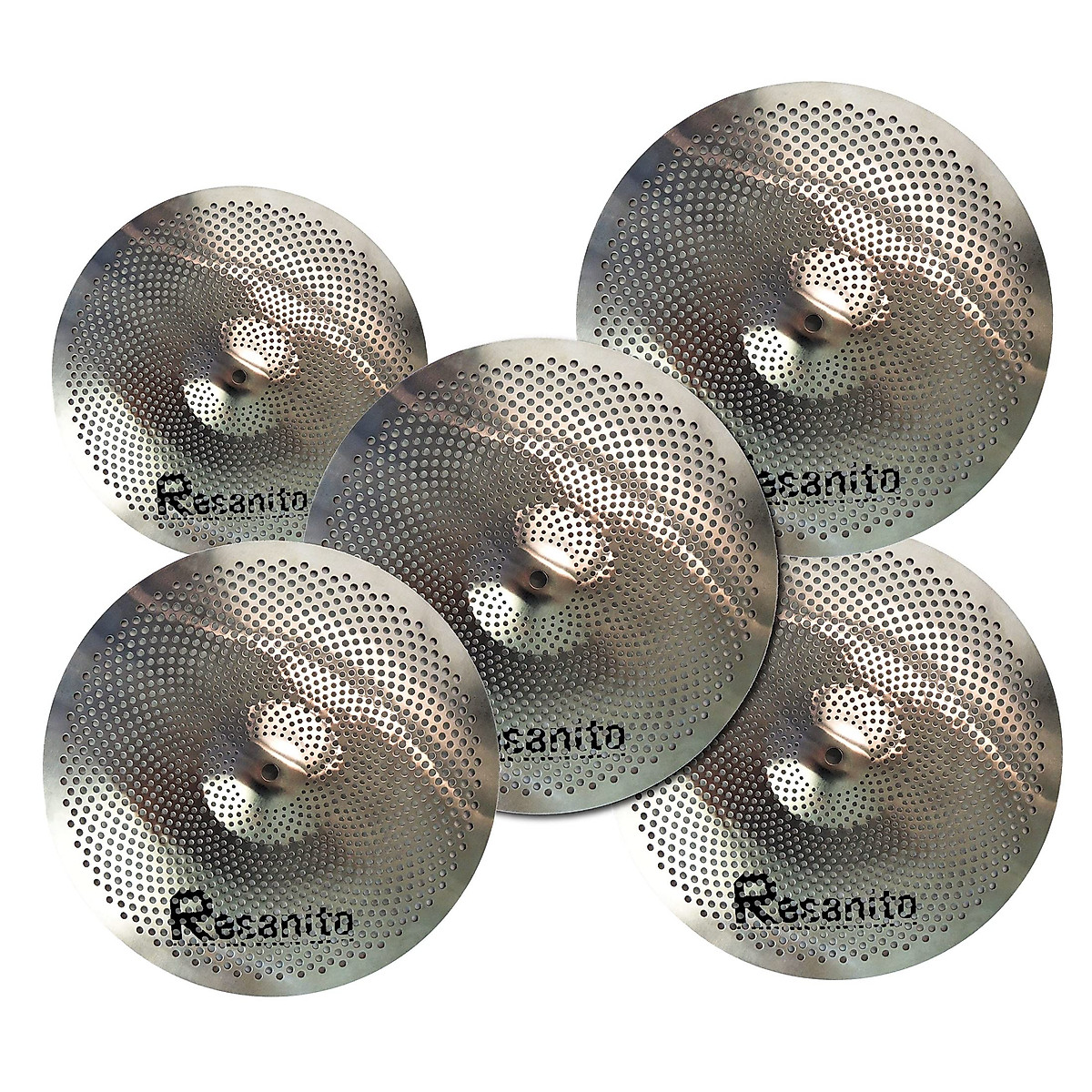 Resanito Low Volume Cymbal Pack Mute Cymbal Set, 14"hi-hat+16"crash+18"crash+20"ride (5 pieces) with FREE Cymbal Bag, Chrome