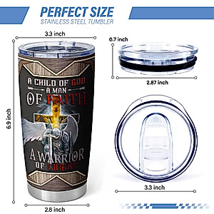 Equoza Christian Gifts for Men, Dad, Husband, Grandpa Warrior Of God Faith Tumbler 20 oz Stainless Steel Travel Mugs with Lids Lion Faith Design Birthday Gifts for Men（Pack of 1）