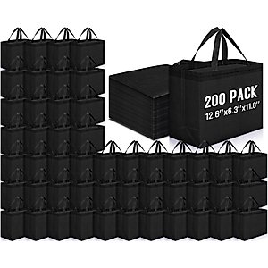 Windyun 200 Pcs Reusable Grocery Bags 12.6 x 11.8 x 6.3 Inches Large Non Woven Shopping Bags Foldable Portable Tote Bags Bulk (Black)