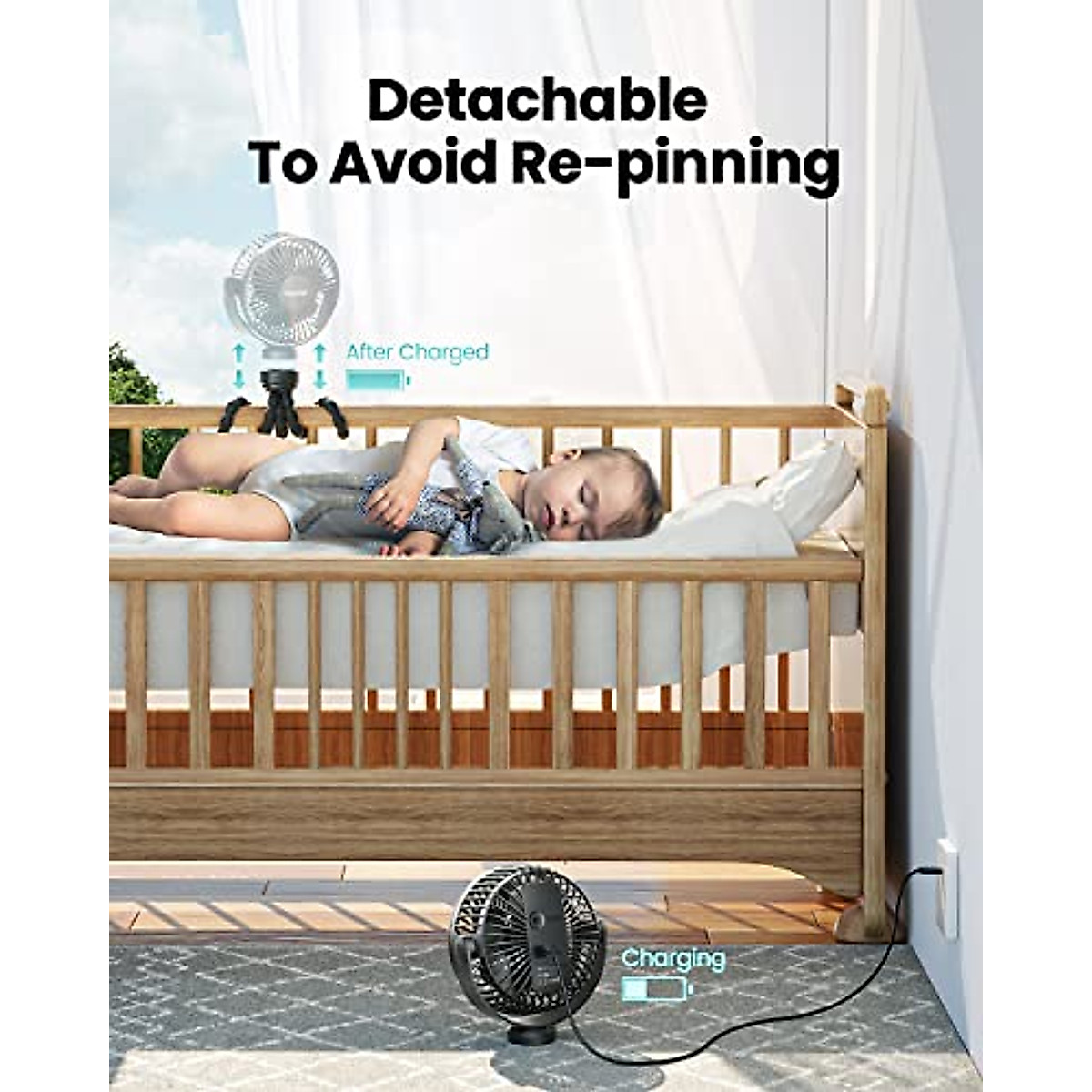 Gaiatop Mini Portable Stroller Fan, Battery Operated Small Clip on Fan, Detachable 3 Speed Rechargeable 360° Rotate Flexible Tripod Handheld Desk Cooling Fan for Car Seat Crib Treadmill Travel Black