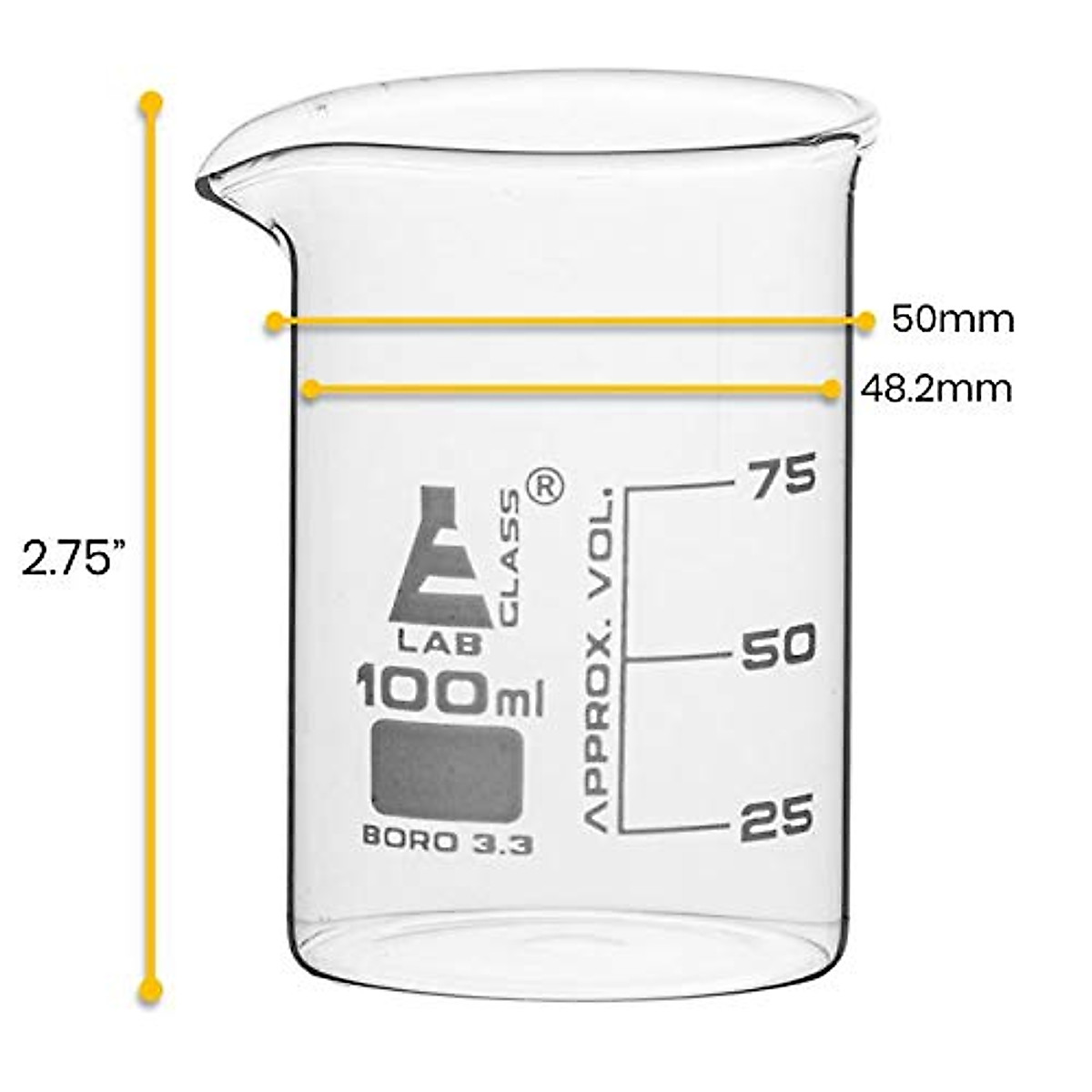 EISCO 12PK Beakers, 100ml - Low Form with Spout - White, 25ml Graduations - Borosilicate 3.3 Glass