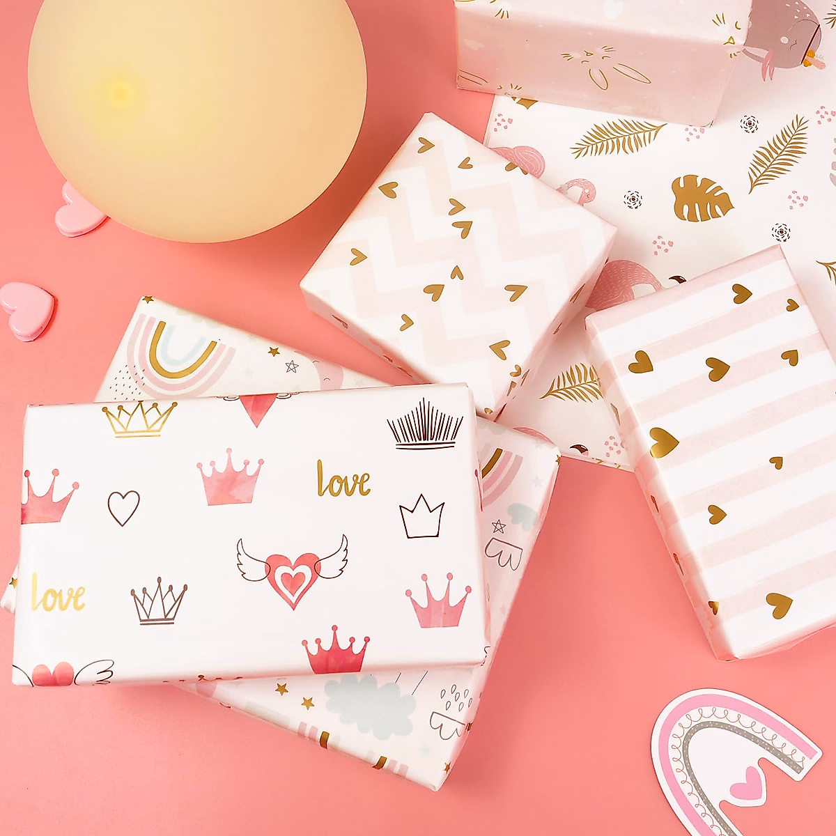 MAMUNU 6 Sheets Gift Wrapping Paper, Pink and Gold Folded Wrapping Paper with Heart, Bunny, Rainbow, Flamingo and Crown Designs for Women Girls Kids Birthday, Valentine's Day, Wedding, Baby Shower 50x70CM