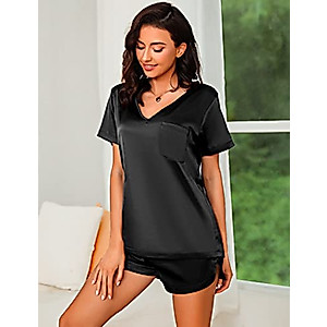 Litherday Women's Satin Silky Pajama Set Short Sleeve T-shirt with Shorts Set 2 Piece Pjs Lounge Set Black Medium