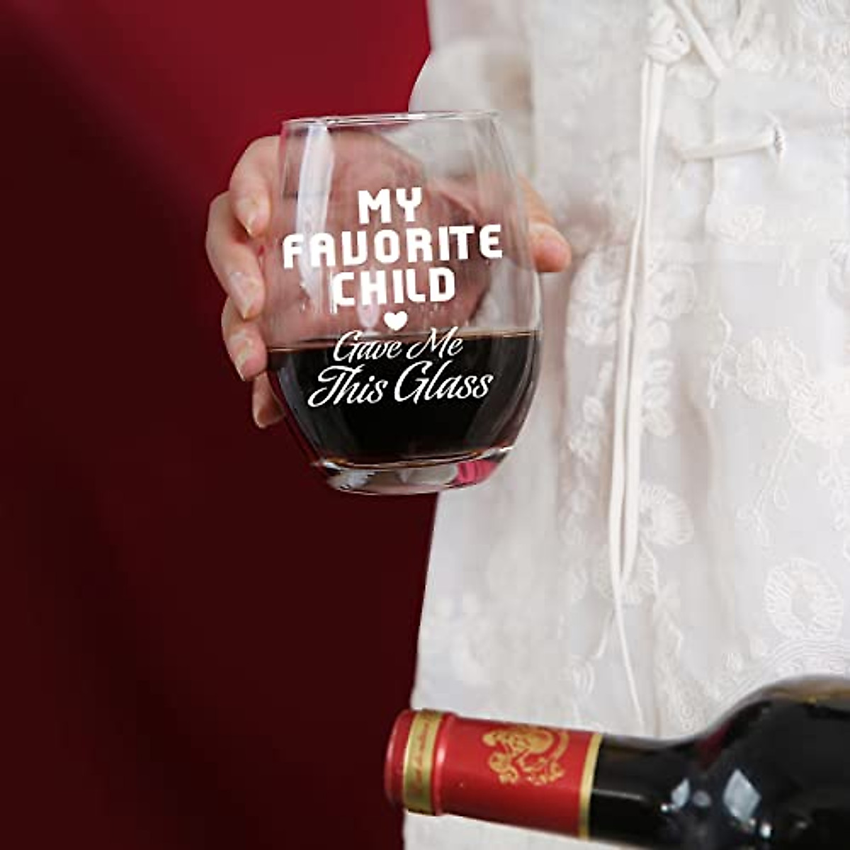 My Favorite Child Gave Me This Funny Wine Glass, Funny Stemless Wine Glass for Mom and Dad, Mother's Day Father's Day or Birthday Glass for Women Mom, Men, Dad from Daughter Son, 15Oz