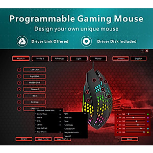 Uiosmuph X801 Wired Gaming Mouse, Honeycomb Lightweight Gaming Mouse with RGB Backlit, 7 Programmable Buttons and One-Click Desktop, 8000 DPI Optical USB Gamer Mouse for Mac, Laptop, Computer - Black