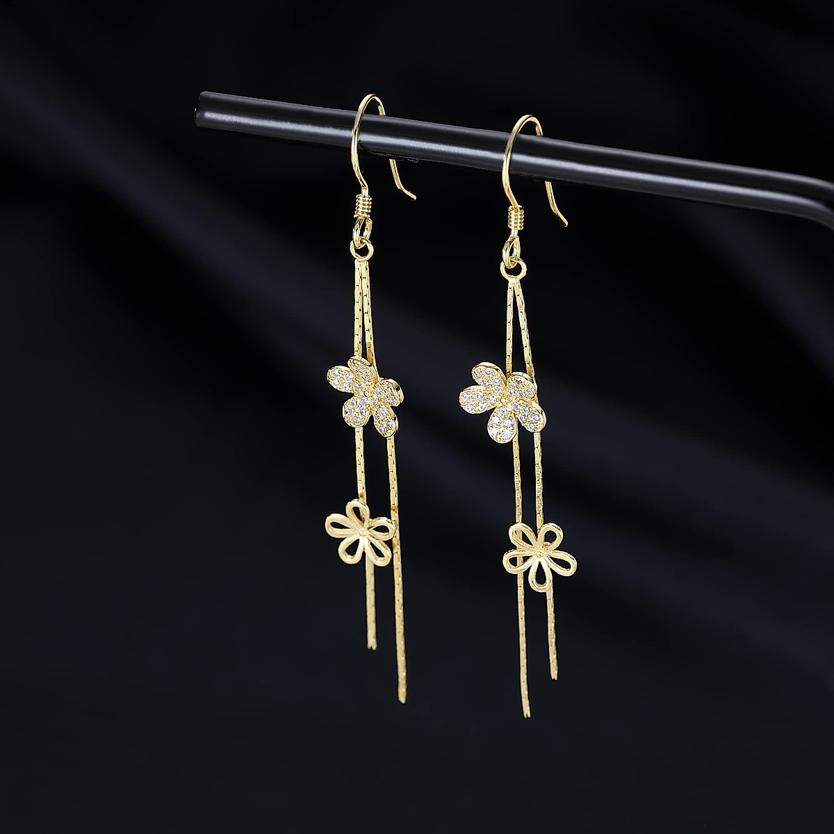 SLUYNZ Sterling Silver CZ Flower Dangle Earrings Chain for Women Teen Girls Flower Drop Earrings Wedding Tassel (B-Gold)