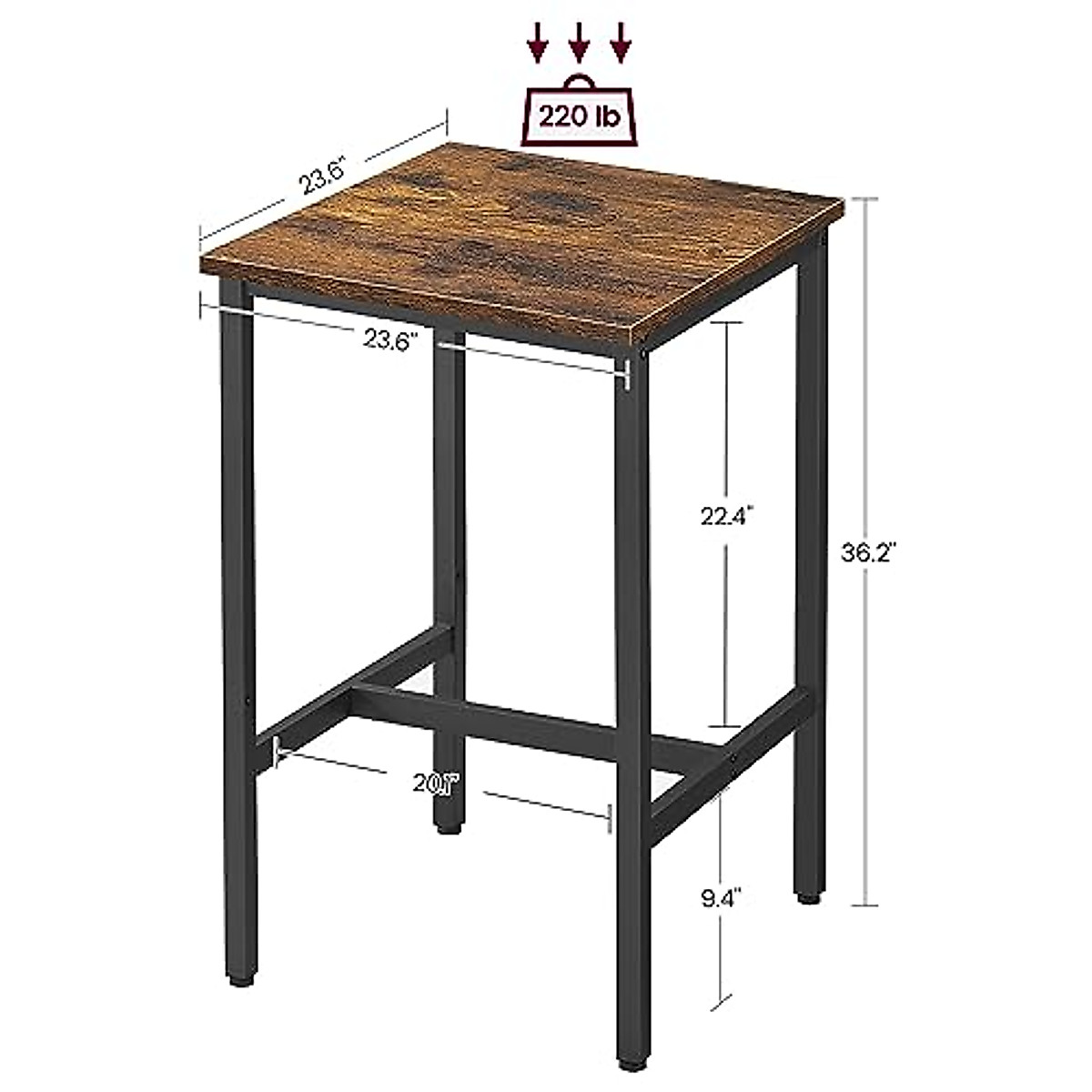 VASAGLE Bar Table, Small Kitchen Dining Table, High Top Pub Table, Height Cocktail Table for Living Room Party, Sturdy Metal Frame, 23.6 x 23.6 x 36.2 Inches for Narrow Spaces, Rustic Brown and Black