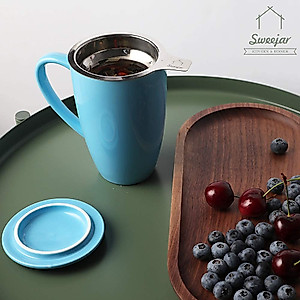 Sweejar Porcelain Tea Mug with Infuser and Lid,Teaware with Filter, Loose Leaf Tea Cup Steeper Maker, 16 Fl Oz for Tea/Coffee/Milk/Women/Office/Home/Gift (Steel Blue)