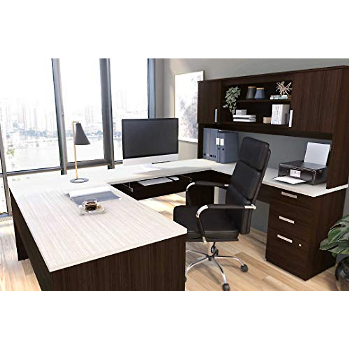 Bestar Ridgeley U-Shaped Executive Desk with Pedestal and Hutch, 65W, White Chocolate