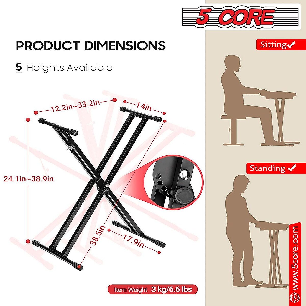 5 CORE Piano Keyboard Stand Double X Heavy Duty 7 Adjustable Heights & Width Digital Electric Synthesizer Music Stands For 61 76 88 Keys w Secure Locking Strap KS 2X BLK