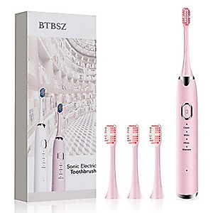 BTBSZ Sonic Electric Toothbrushes, Sonic Electric Toothbrushes Travel-Friendly Design 4 Modes 16 Gears with 4 Brush Heads USB Fast Charge Built-in Smart Timer for Adults and Kids