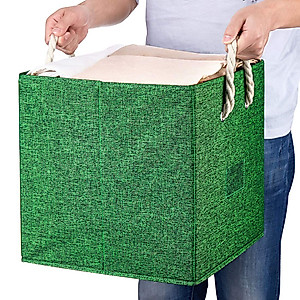 i BKGOO Foldable Storage Cube Bins,Green Linen Fabric Collapsible Resistant Basket Box Organizer with Cotton Rope Handle for Home Office and Nursery 13x13x13 inch