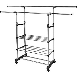 KOCASO Rolling Clothes Rack Stainless Steel for Hanging Clothes,Adjustable Double Rod Haning Rack Dual Rod Expandable Garment Rack with Wheels, ,Black,59.1in L x 16.1in W x 57.1in H