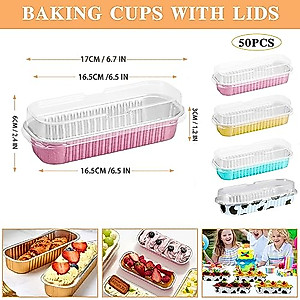 Qusitlry Aluminum Foil Loaf Baking Pans with Lids (50Pcs Pink), 200ml Ramekin Rectangle Baking Tins Muffin Liners Mini Pie Pans Foil Bread Containers for Baking…
