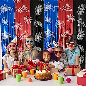 Spider Web Birthday Decorations Backdrop 2 Pack Spider Party Supplies Red Blue and Black Halloween Tinsel Foil Fringe Curtains Party Streamers Background for Boys Spider Theme Party Decorations