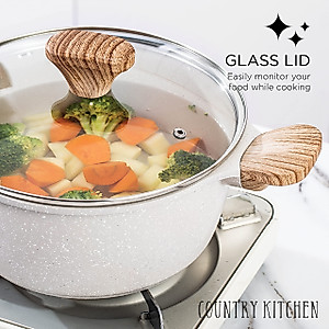 Country Kitchen Nonstick Induction Cookware Sets - 8 Piece Nonstick Cast Aluminum Pots and Pans with BAKELITE Handles - Non-Toxic Pots and Pans- Speckled Cream with Light Wood Handles