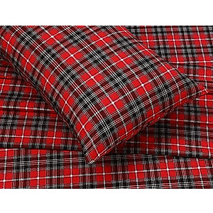 RUVANTI Flannel Sheets Queen Size - 100% Cotton Brushed Flannel Bed Sheet Sets - Deep Pockets 16 Inches (fits up to 18") - All Seasons Breathable & Super Soft - Warm & Cozy - 4 Pcs - Red Plaid