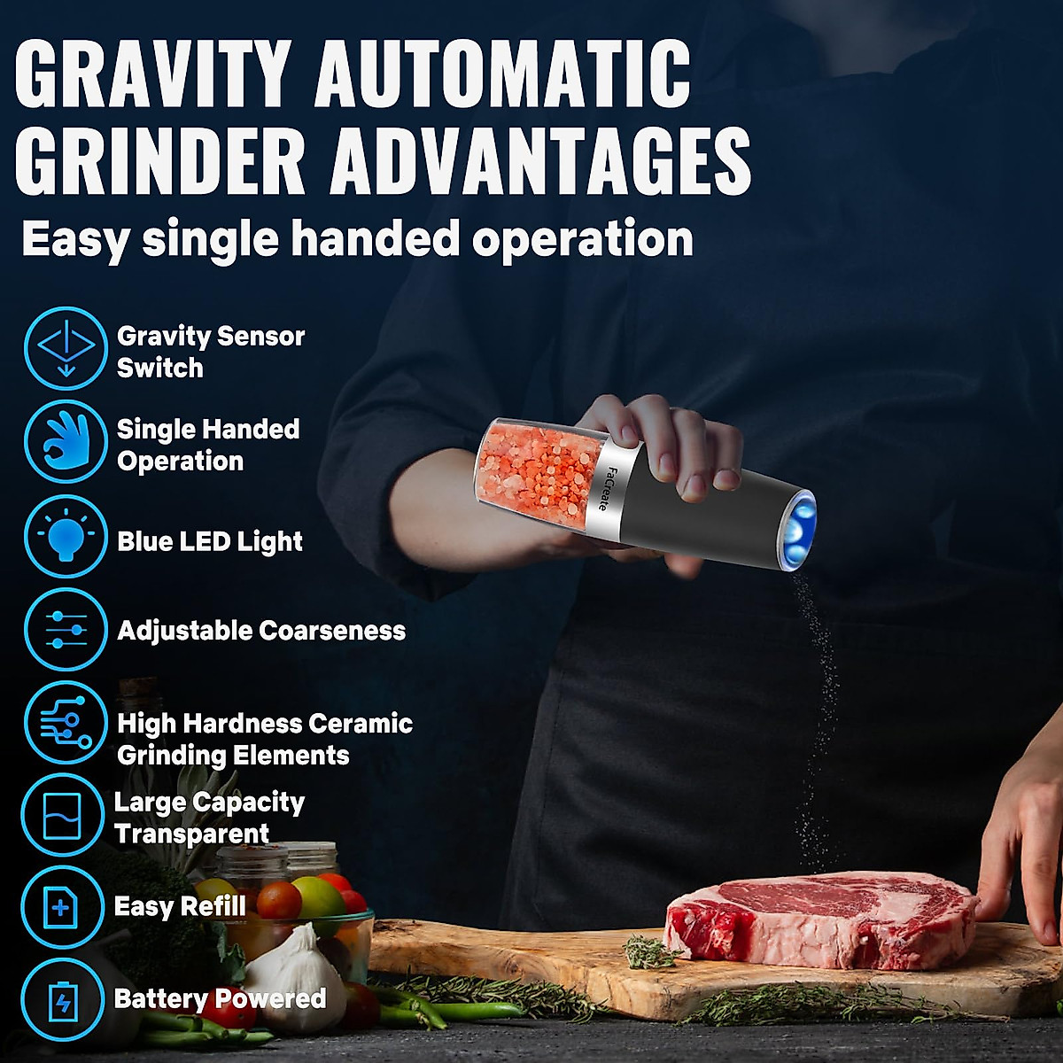 FaCreate Gravity Electric Salt and Pepper Grinder Set,Automatic Operation Electric Salt and Pepper Shakers Set，Battery Powered Adjustable Coarseness Pepper Mill Grinder LED Light, Black (2PACK)