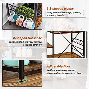 SUPERJARE Kitchen Bakers Rack with Power Outlet, Coffee Bar Table Station, Microwave Stand with 6 S-Shaped Hooks, Wire Basket, Storage Shelf - Rustic Brown