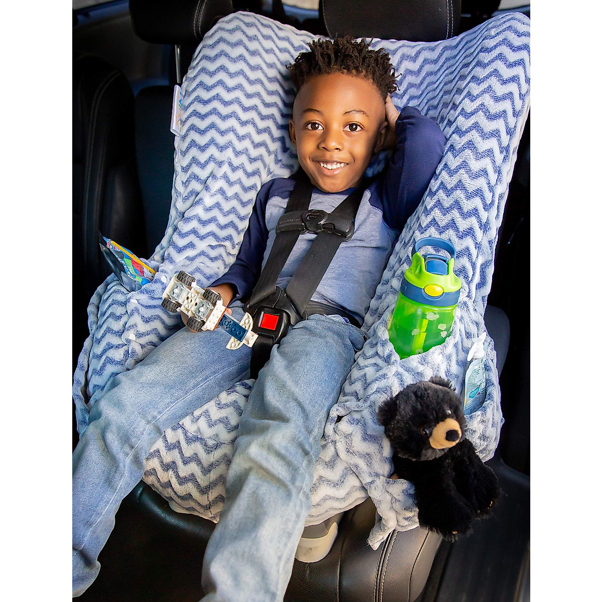 Niko Easy Wash Children's Car Seat Cover & Liner - Blue Chevron Minky - Great for Winter Weather - Universal FIT - Crash Tested - Waterproof SEAT Bottom - Mess Protection - Machine Washable