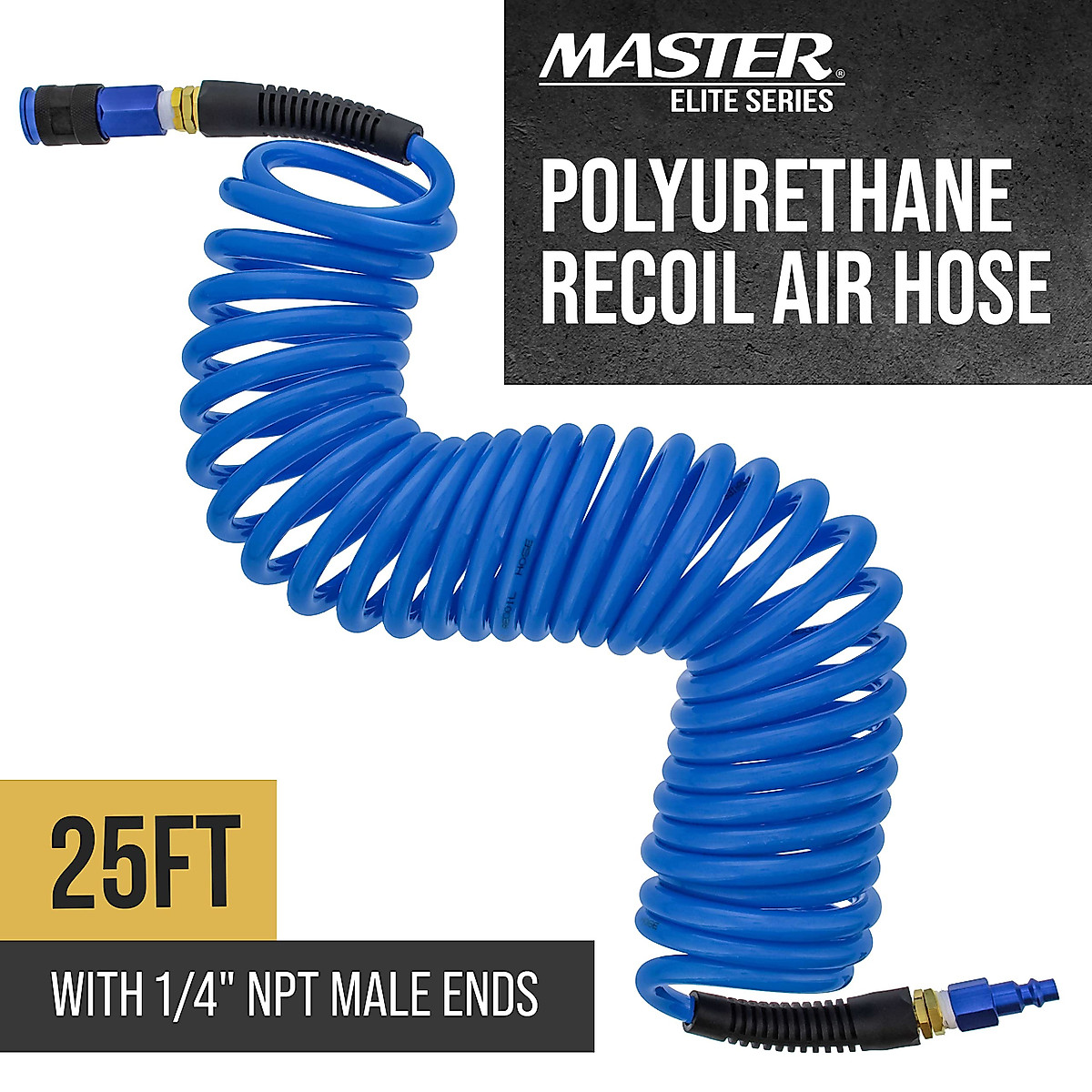 Master Elite Series 1/4" x 25' Polyurethane Recoil Air Hose with Bend Restrictors and 1/4" NPT Male Fitting Ends - Universal Aluminum Quick Coupler, I/M Industrial Plug - Attach Compressors, Air Tools
