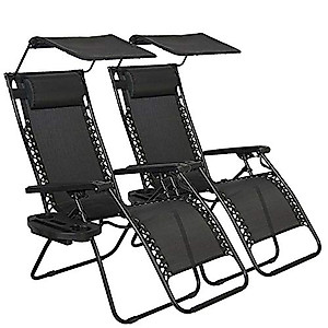 Zero Gravity Chair with Canopy Set of 2, Outdoor Folding Lounge Chair Chaise with Cup Holder, 250LBS Weight Capacity Recliner Chairs for Patio, Pool, Beach, Lawn, Deck, Yard - Black