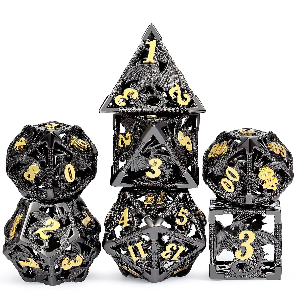 Dragon Hollow Metal DND Dice Set, DNDND 7 D&D Die Set with Metal Gift Tin for Dungeons & Dragon Game (Black with Gold Number)