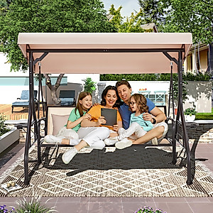 HOMREST Outdoor Porch Swing with Adjustable Canopy, Backrest, 3-Person Patio Canopy Swing Textilene Bed with Side Cup Holder, Pillow for Garden, Deck, Back Yard, Lawn (Khaki)
