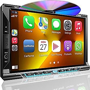Double Din Car Stereo Radio with CD/DVD Player, 7“ HD Touch Screen Car Stereo with CarPlay & Android Auto, Mirror link, Bluetooth 5.2, Backup Camera, Subwoofer,SWC, AM/FM Car Radio Receiver, AUX Input