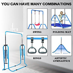 AMRTA Gymnastics Bars for Home with Rings Set Blue, Adjustable Height Training Balance Kip Monkey Bar Folding Horizontal Gymnastic Equipment, for Kids Children Junior Toddler Ages 3-10