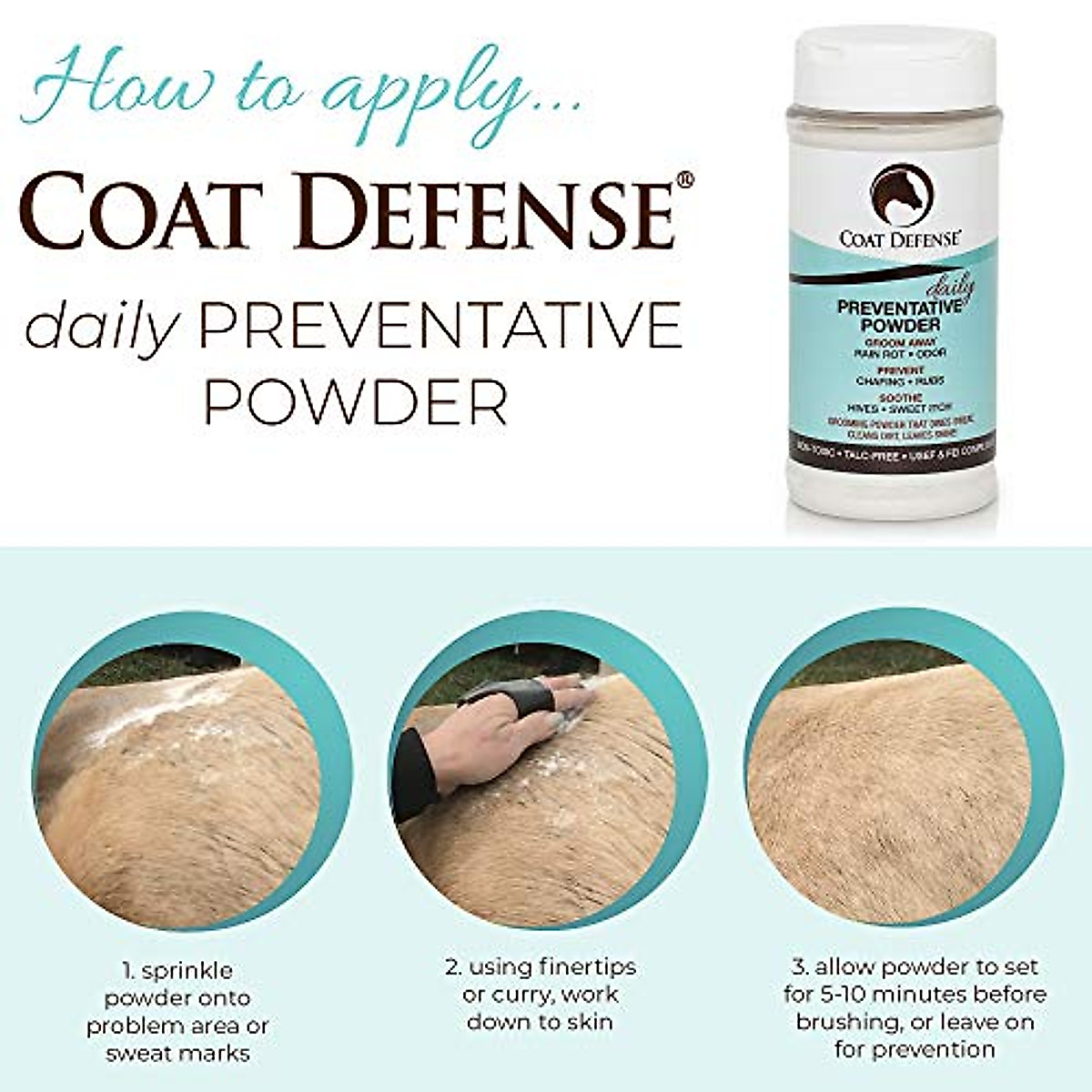 COAT DEFENSE Daily Preventative Powder for Horses - Safe & Effective Equine Skin Conditioner Sweet Itch, Skin Funk, & Rain Rot - Dry Horse Shampoo, 16 oz Formula with All Natural Ingredients