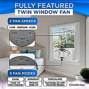Comfort Zone CZ310R 9" 3-Speed, 3-Function, Expandable, Reversible Twin Window Fan with Remote Control, Removable Cover
