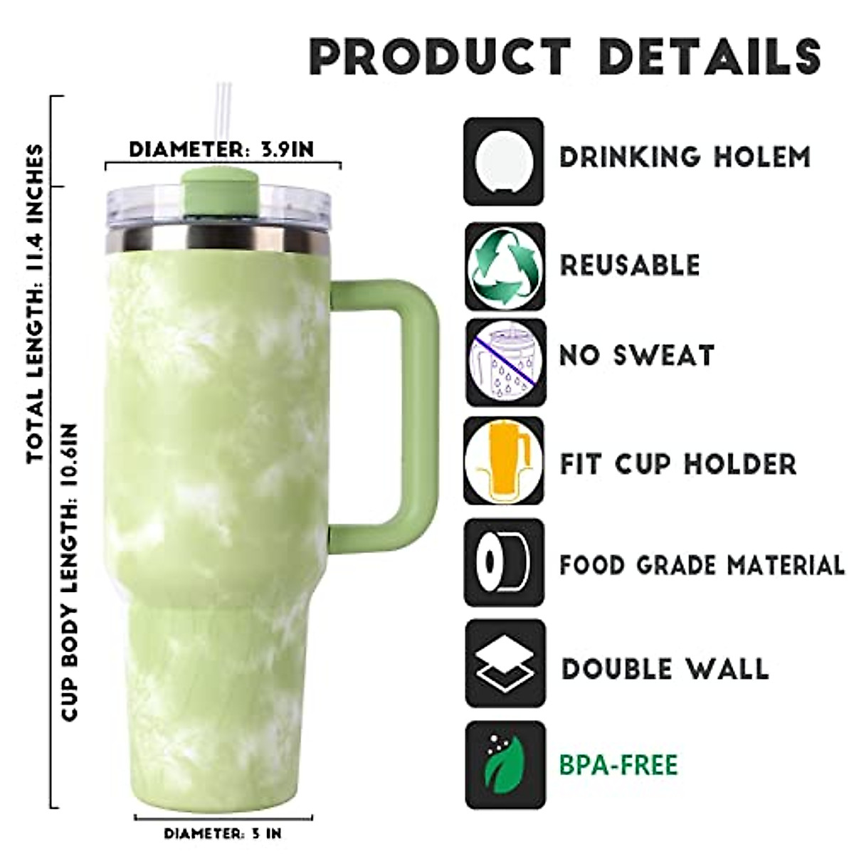40 oz Tumbler with Handle, 2.0 Reusable Vacuum Tumbler, Insulated Tumbler With Lid and Straws, Insulated Cup, Maintains Cold Heat and Ice for Hours (Tie Dye Green)